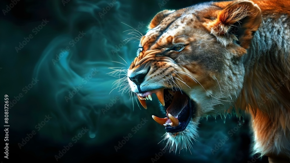 Female lion displaying aggression, baring teeth, and charging towards ...