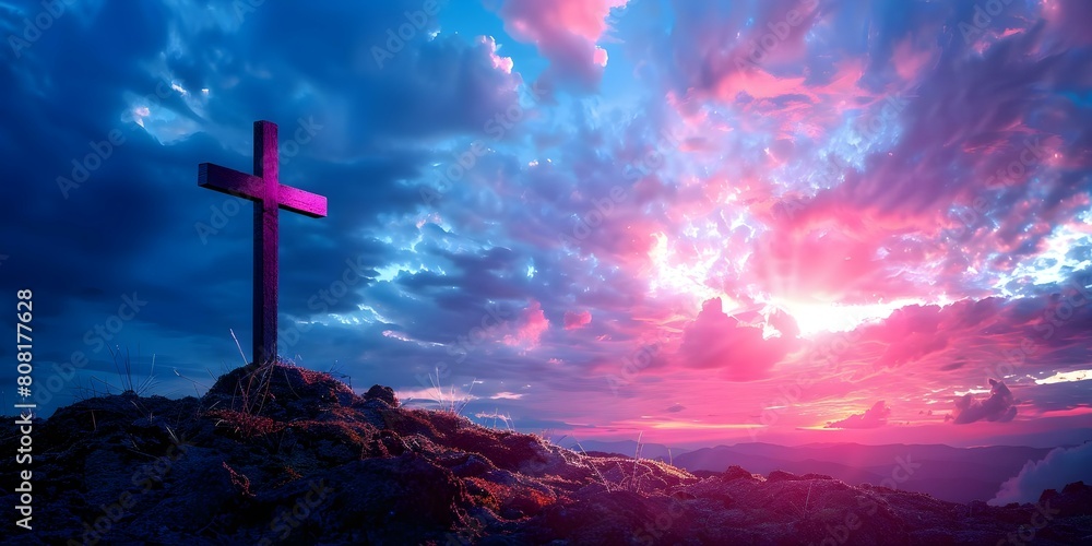 Christian Easter: Ascension Day Scene with Cross on Hill, Reflecting ...