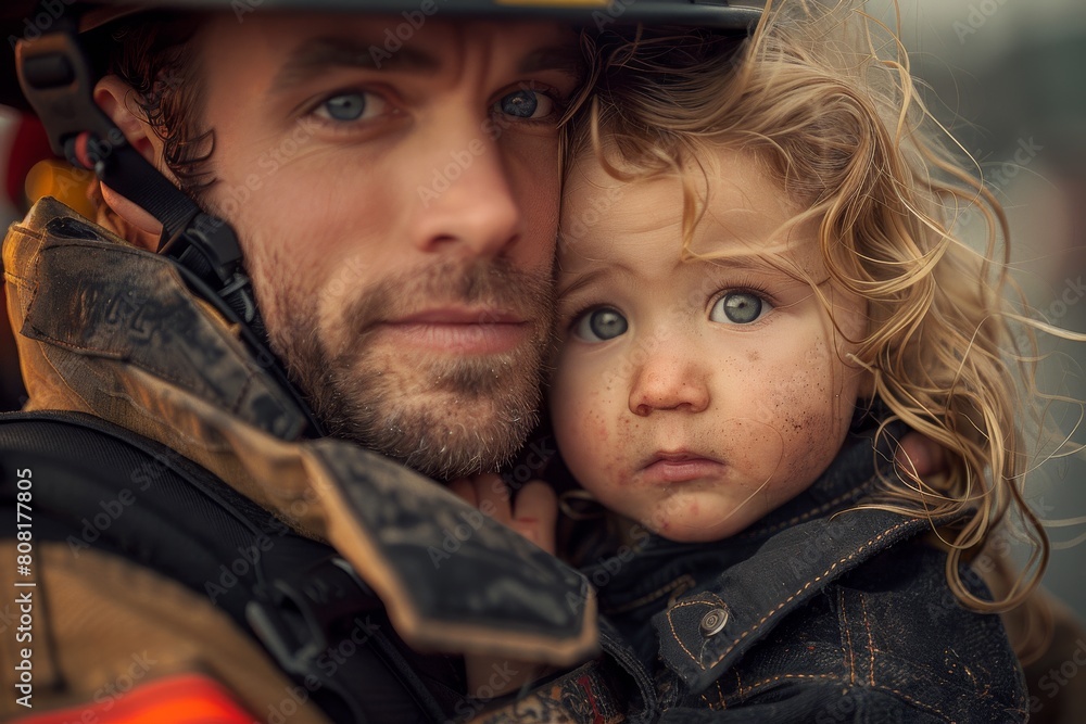 A heartwarming portrait of a firefighter cradling a young child ...