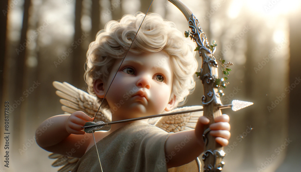 A small angel is holding a bow and arrow, looking up at the camera. The ...