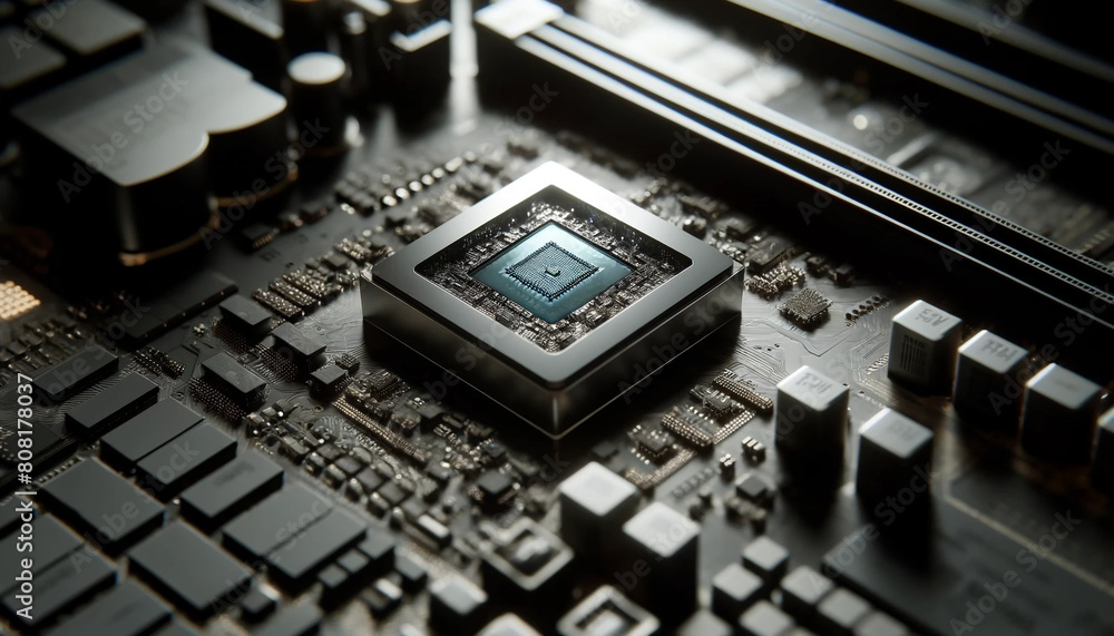 Intense close-up image of an advanced artificial intelligence processor ...