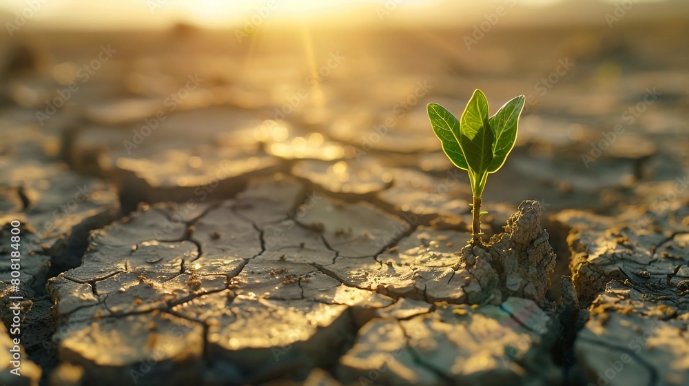 A close up of a small green plant sprouting on cracked dry land ...