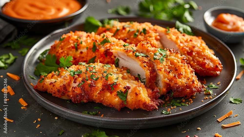 Crispy fried chicken displays golden, juicy texture in a tempting close ...