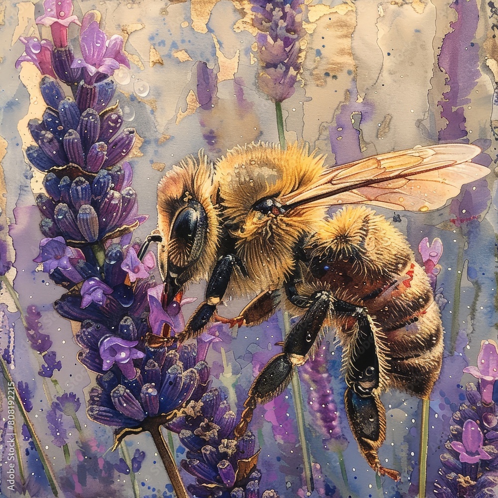 Watercolor close-up showing a bee sipping nectar from a lavender flower ...