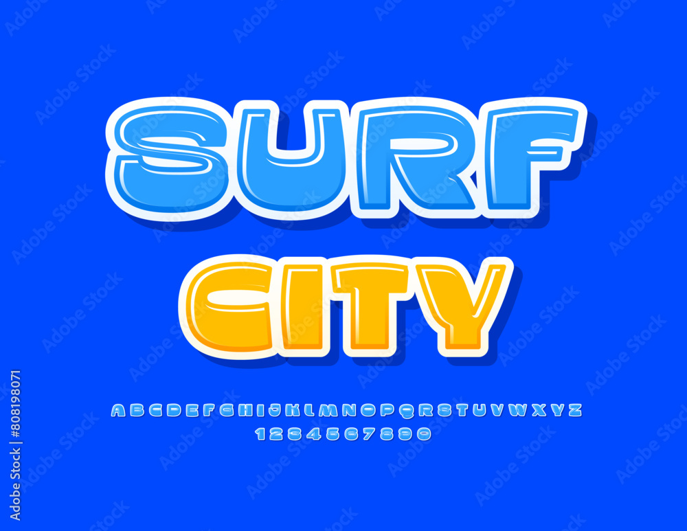 Vector activity poster Surf City with blue creative Font. Creative set ...