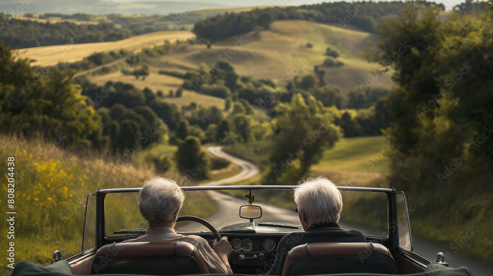 An elderly couple enjoying a leisurely drive through the countryside ...