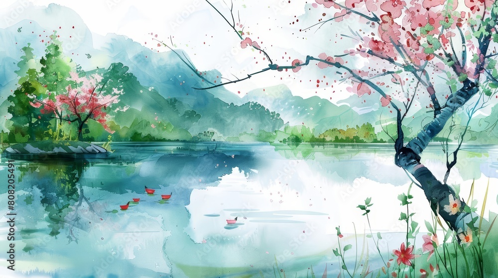 Cute watercolor of nature portraying a serene lake scene in Japan draw ...