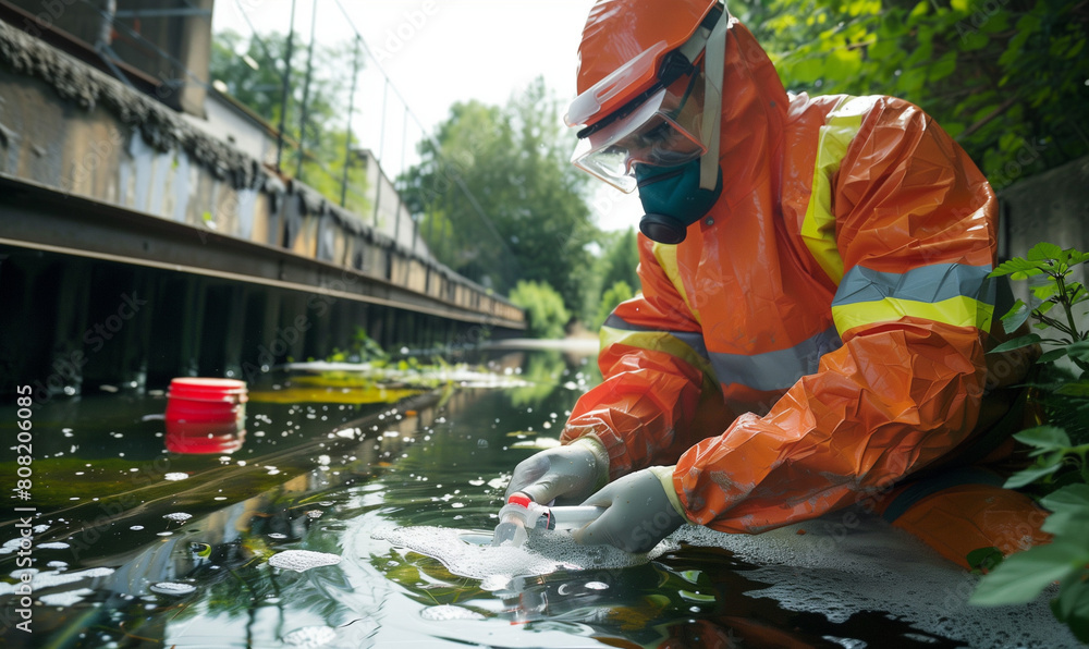 An environmental engineer in special clothing carefully takes a water ...