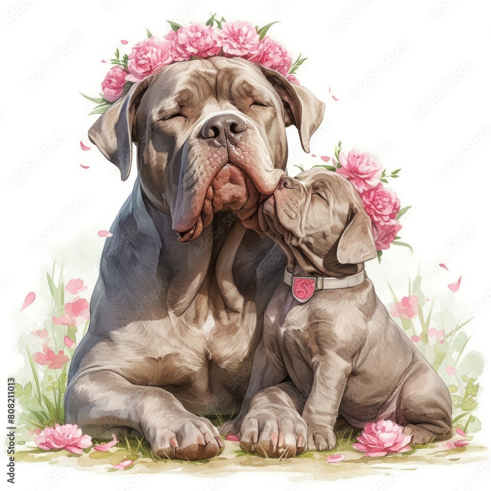 Mother Cane Corso dog and her baby puppy with floral watercolor clip ...