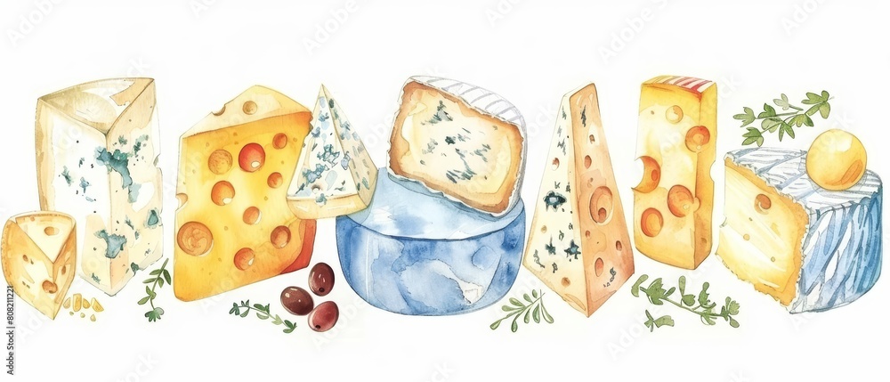 Minimal watercolor of food showcasing a variety of cheeses in vintage ...