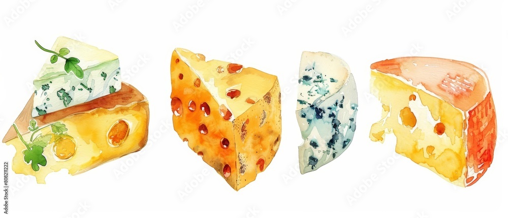 Minimal watercolor of food showcasing a variety of cheeses in vintage ...