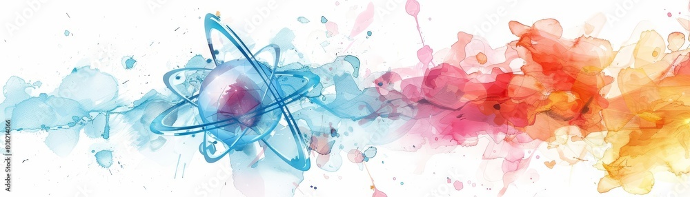 Watercolor of science featuring an atom model in cyber styles, clipart ...
