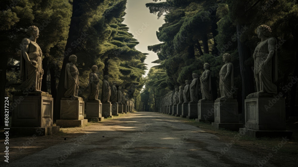 ภาพประกอบสต็อก Roman road lined with colossal statues of mythical ...