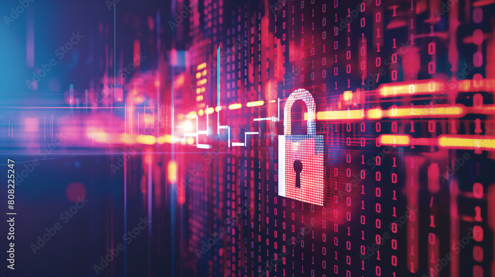 Vivid digital representation of cyber security concept with a glowing padlock symbol over a ...