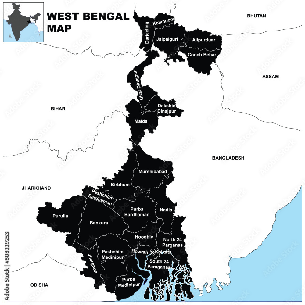 Silhouette West Bengal map vector illustration with white background ...