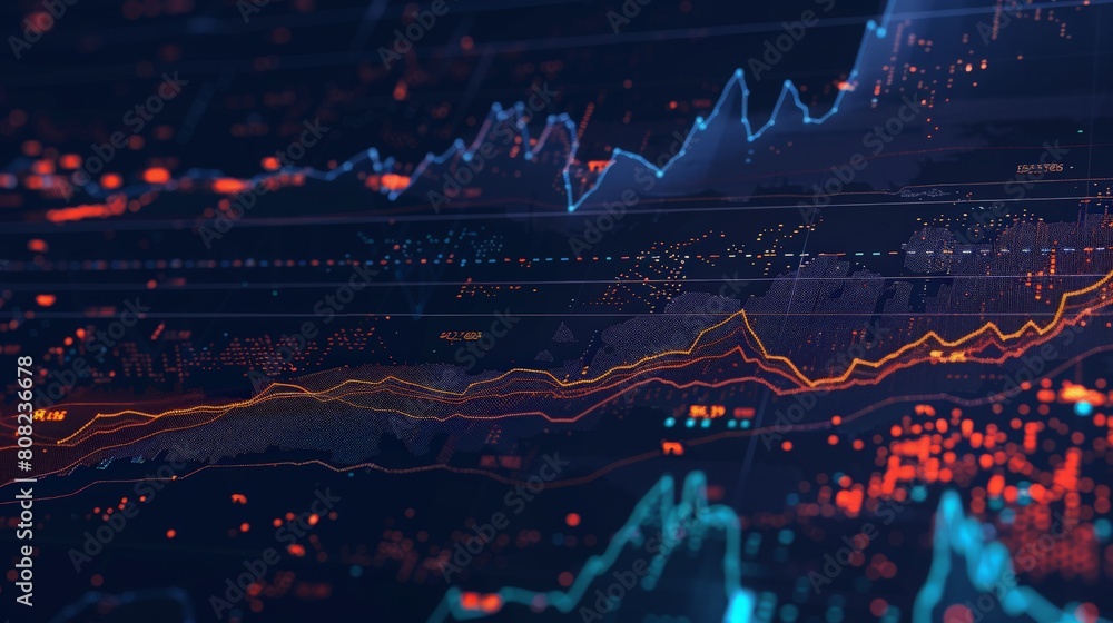 The image is a glowing blue and red graph with a dark background. The ...