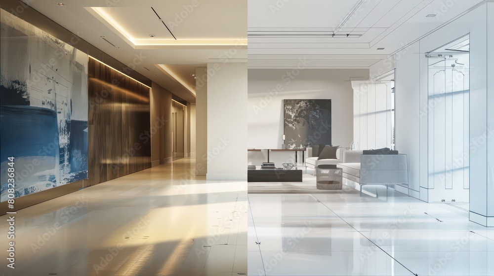 split architectural comparison of an empty room and its architectural ...