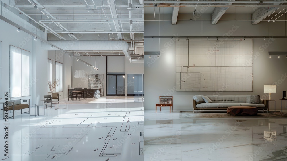 split architectural comparison of an empty room and its architectural ...