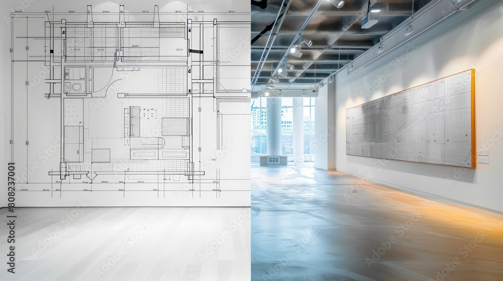 split architectural comparison of an empty room and its architectural ...