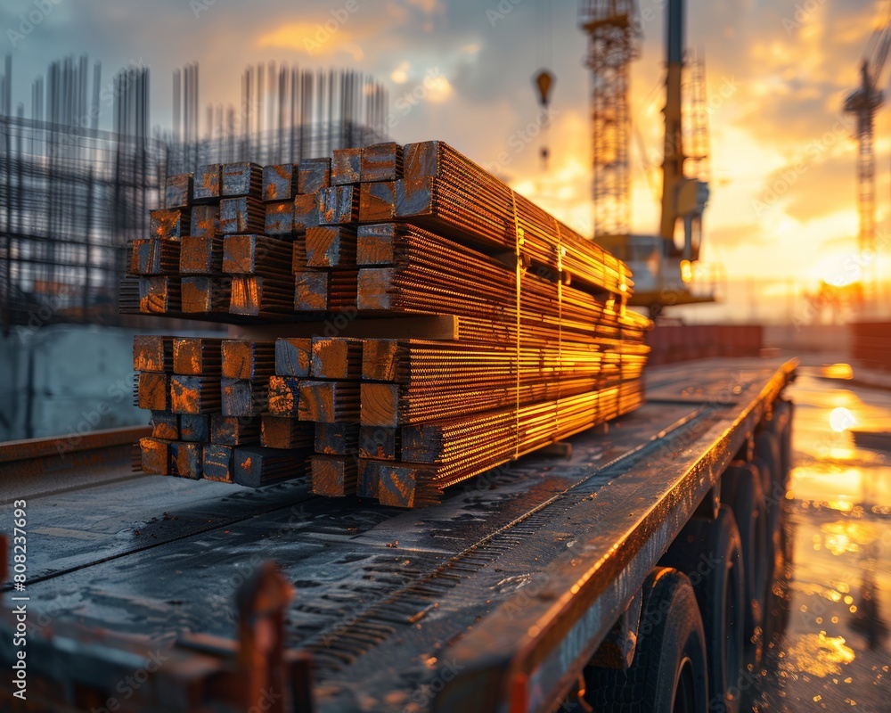 Rebar neatly stacked on a flatbed truck arriving at a bustling ...