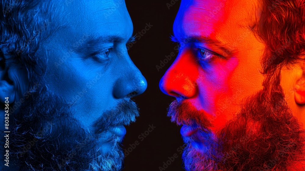 Two men face each other against a red, blue, and black backdrop One man ...