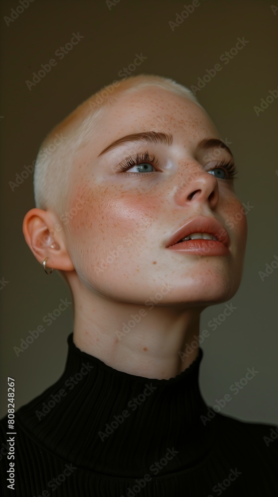 closeup woman shaved head black turtleneck rosy cheeks freckles looking ...