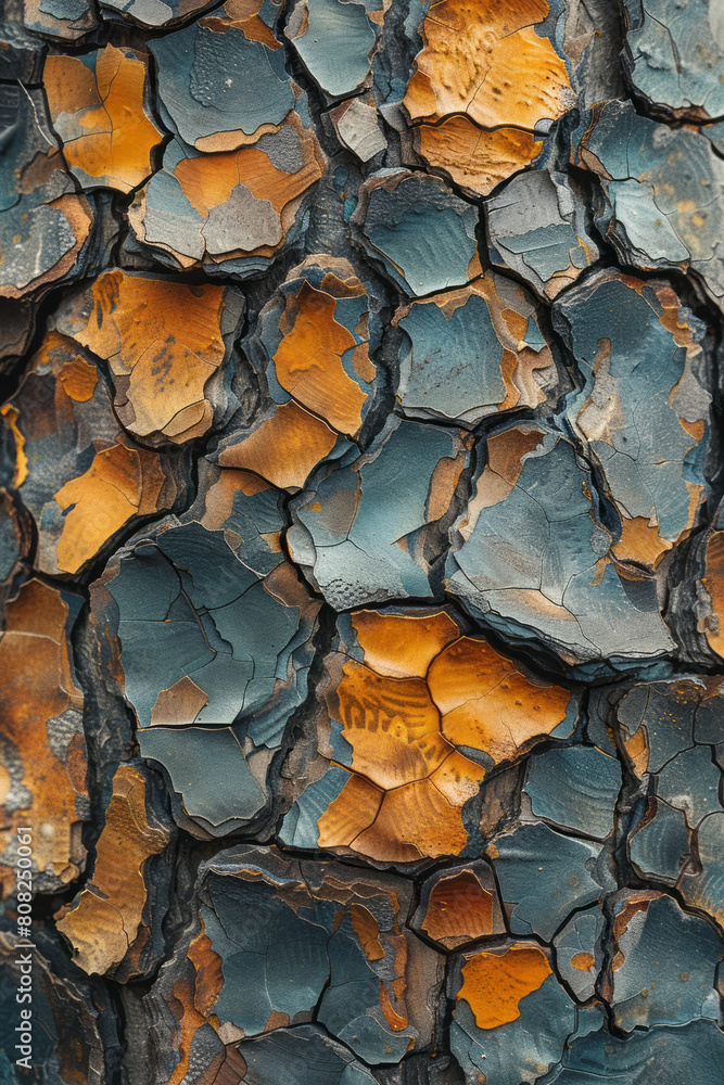 A stylized tree bark, using thick, textured paint in shades of brown ...