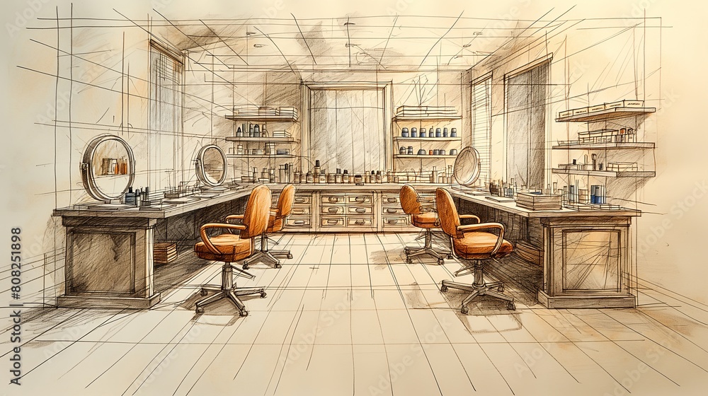 a sketch of a modern and stylish salon interior with wooden fixtures ...