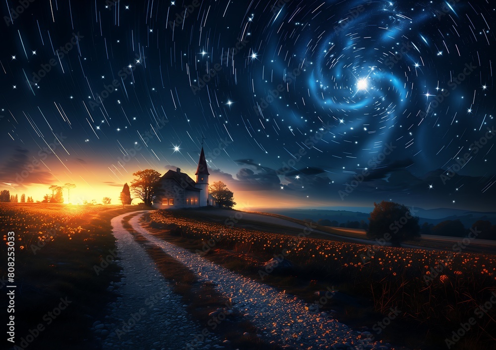 starry night sky church winding road gorgeous gently caressing earth ...
