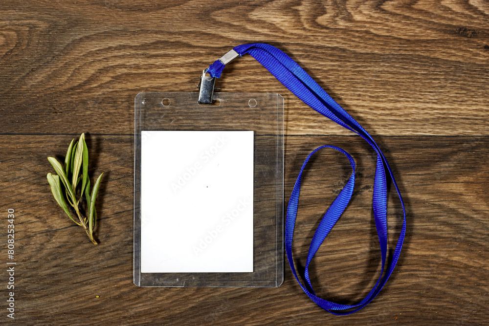 Blank badge mockup. Plain empty name tag mock up with olives leaves on ...