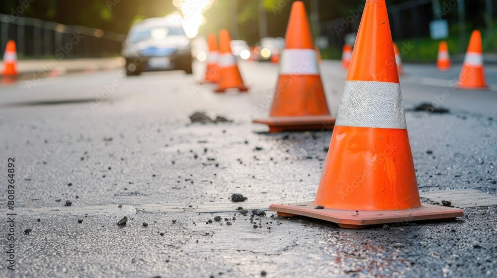 a construction site with orange and white traffic cones lining the side ...