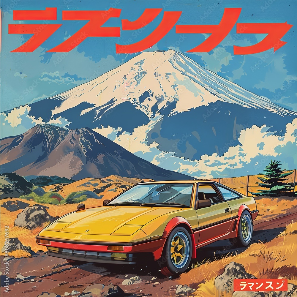 A 1990s Japanese car magazine cover, white background, retro anime ...