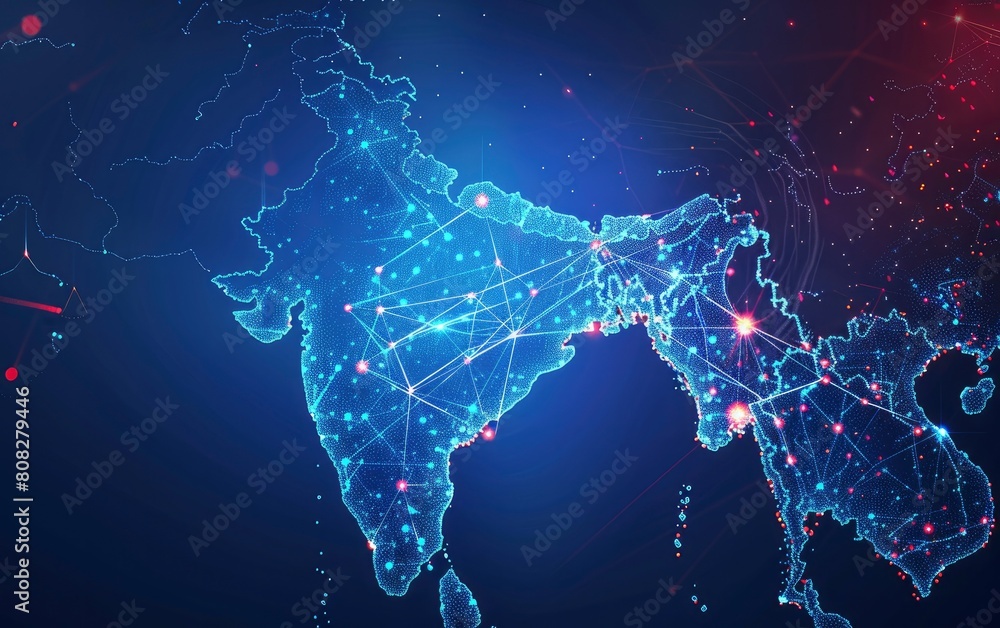 Digital map of India with network connections and data points on dark ...