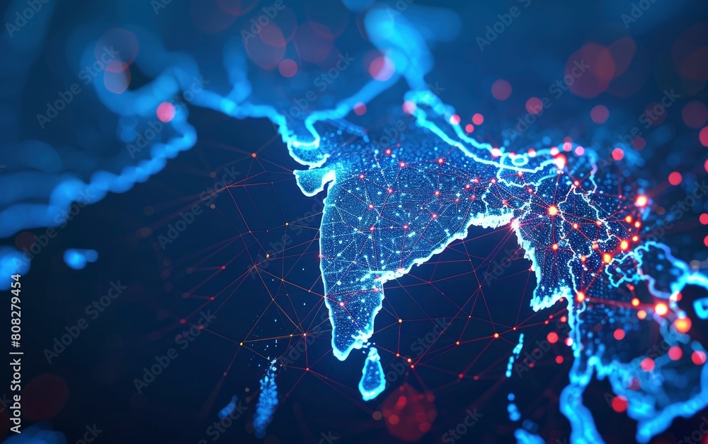 Digital map of India with network connections and data points on dark ...