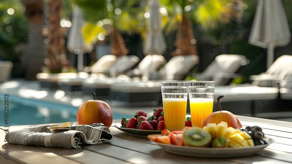 Private country club terrace with fruit plate juice glasses and pool ...