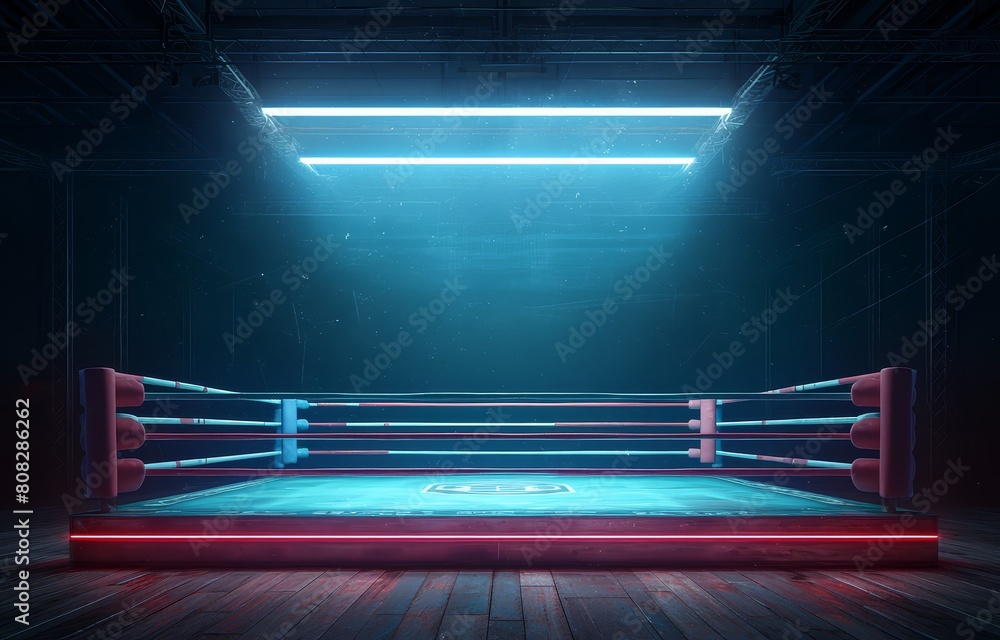 boxing ring with spotlights on a black background. The two sides are ...