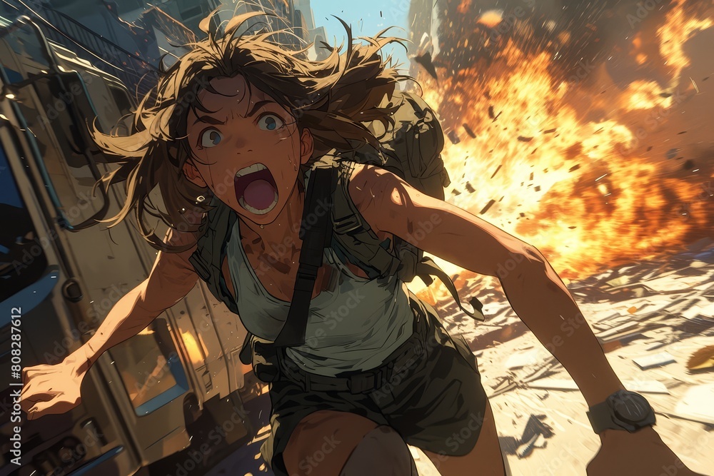 Beautiful woman with brown hair running in fear, wearing white tank top ...