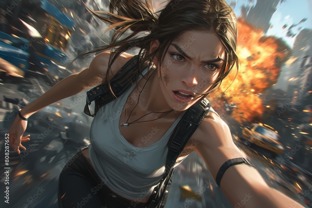 Beautiful woman with brown hair running in fear, wearing white tank top ...