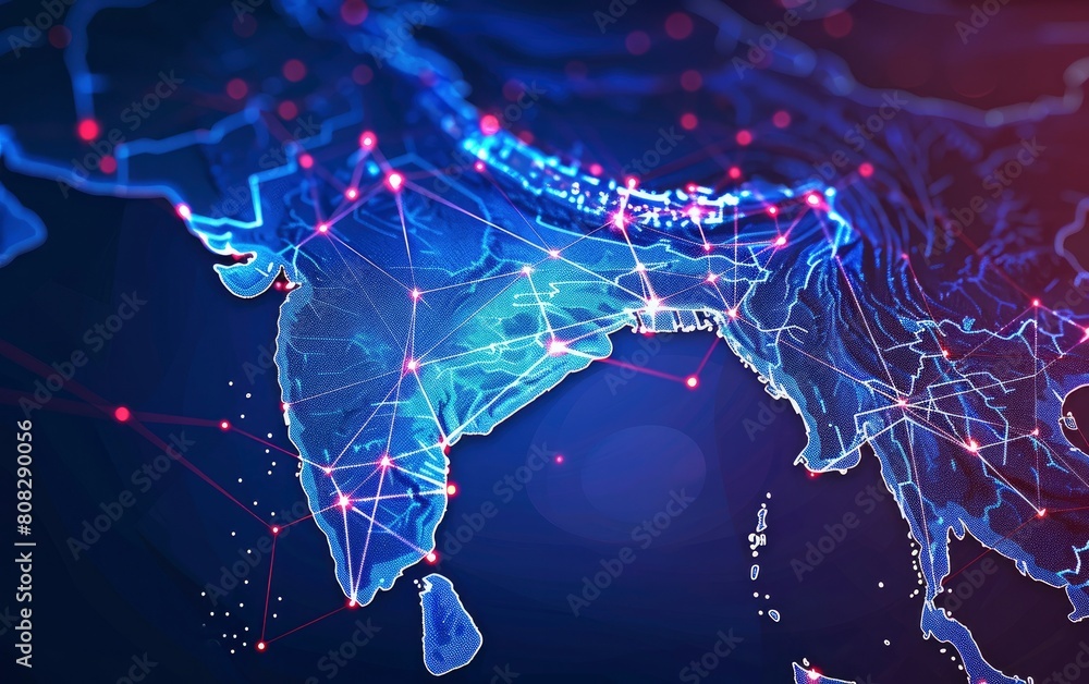 Digital map of India with network connections and data points on dark ...
