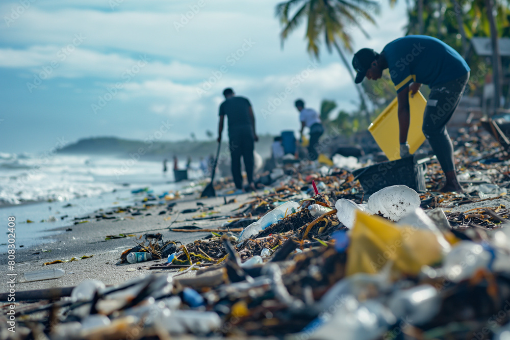 volunteers in action cleaning a beach to protect marine life Stock ...