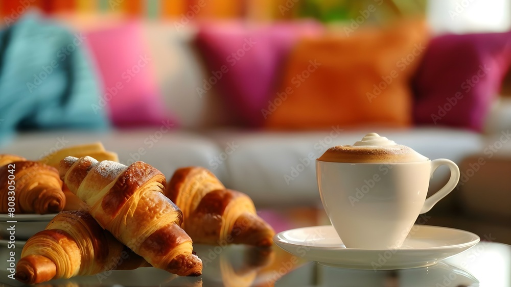 Enjoying a latte macchiato with croissants and pastries in a cozy ...