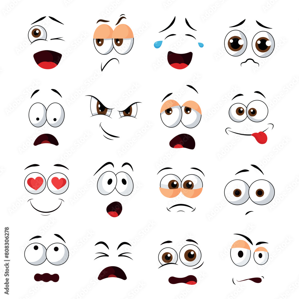 Set of funny faces in cartoon style. Vector illustration of faces with ...