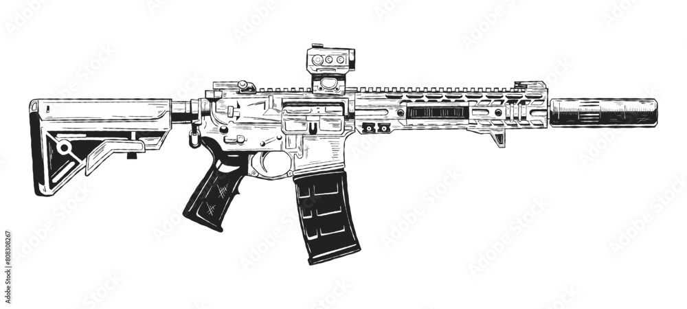 Vector hand-drawn gun flat illustration, army riffle, ink style, for ...