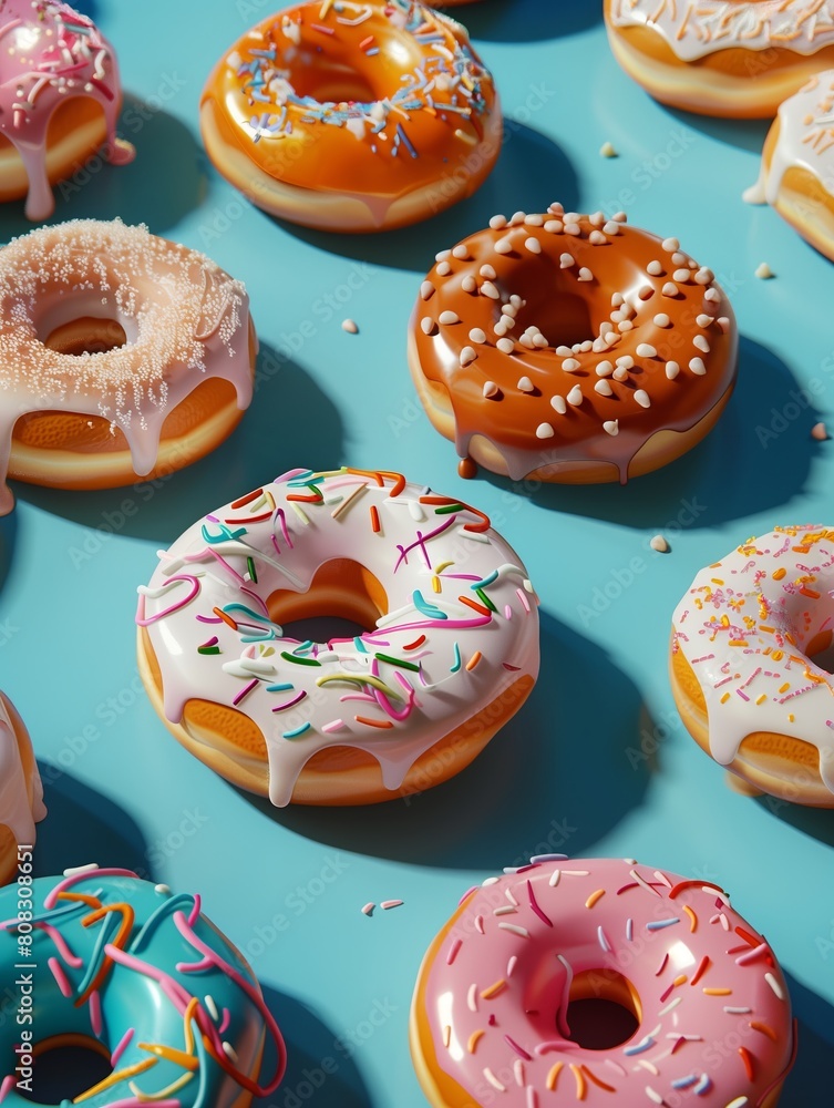 Multi-colored hard-shaded donuts with glaze and sprinkles on a blue ...