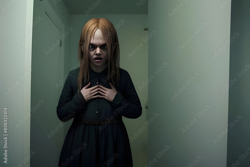 horror movie illustration of a Young female zombie having a panic ...