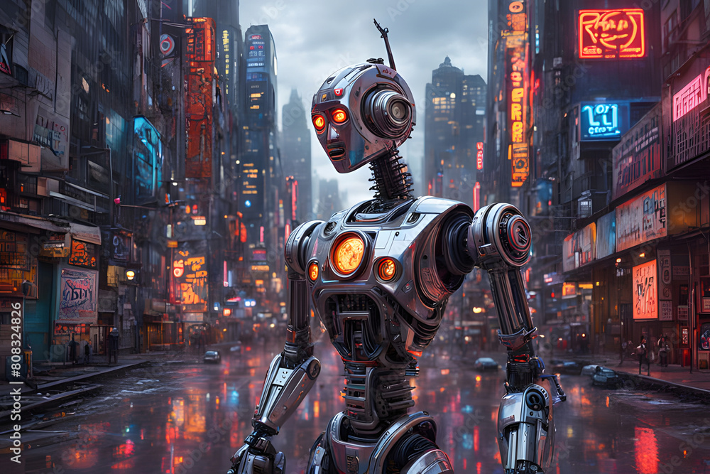 A metallic robotic figure, improvised with old car parts and futuristic ...