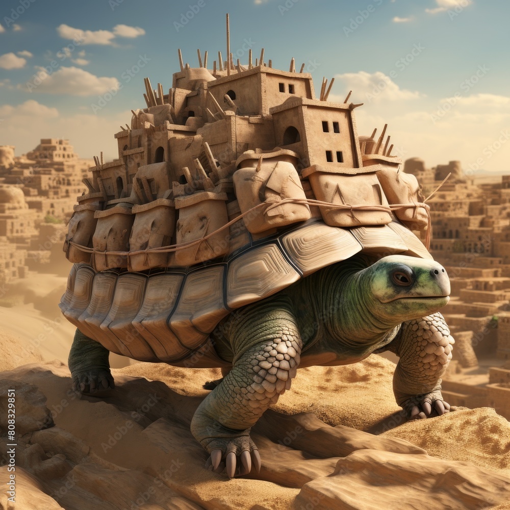 Surreal turtle carrying a city on its back in a desert landscape ...