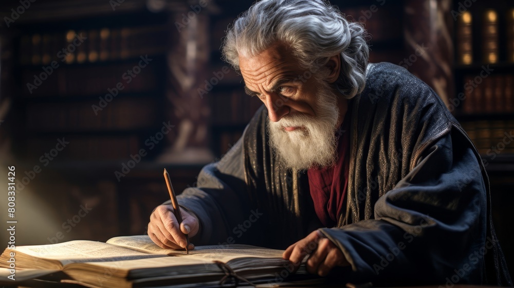 Greek scholar in library wearing deep indigo toga unravels ancient ...