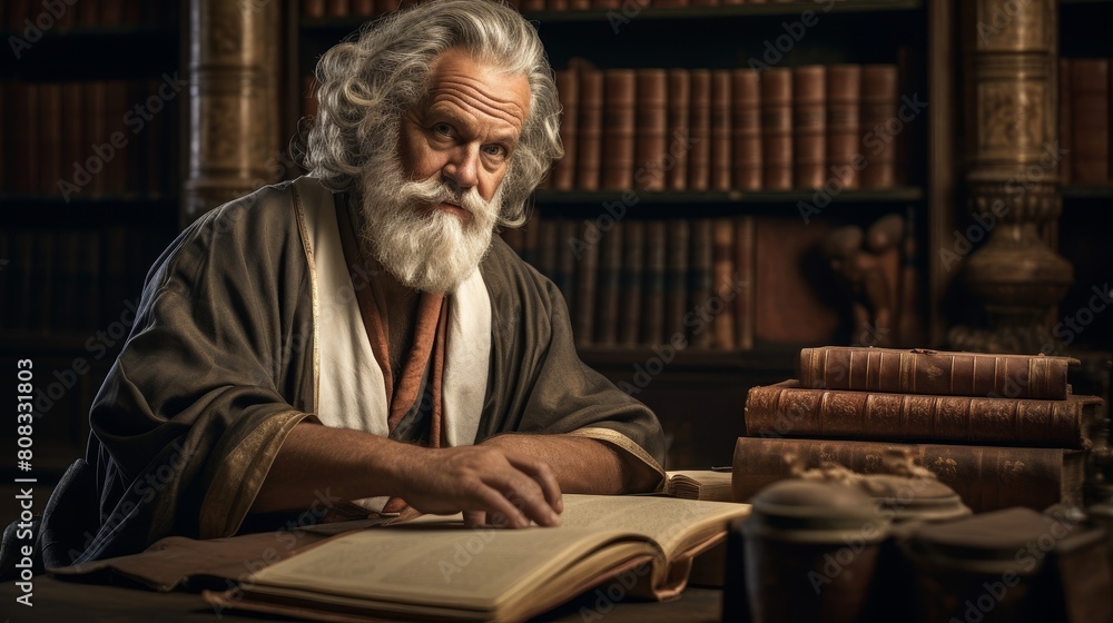 Ancient Greek historian in library filled with scrolls toga adorned ...
