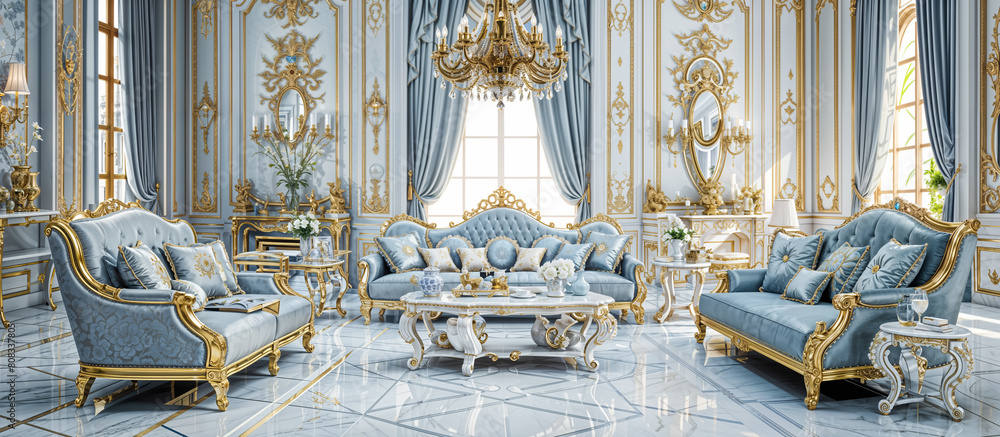 Classic Rococo Style Drawing Room with Blue and Gold Color Scheme and ...